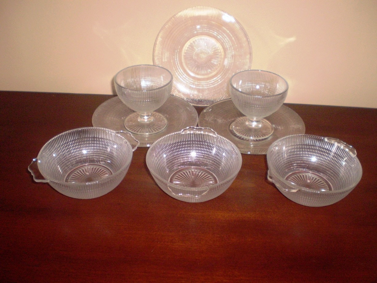 Clear Depression Glass Dessert Set – Three Plates, Three Bowls, and Two ...