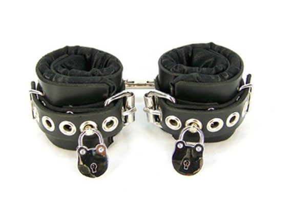 Locking Black Satin Lined Leather Wrist Bondage Cuffs mature
