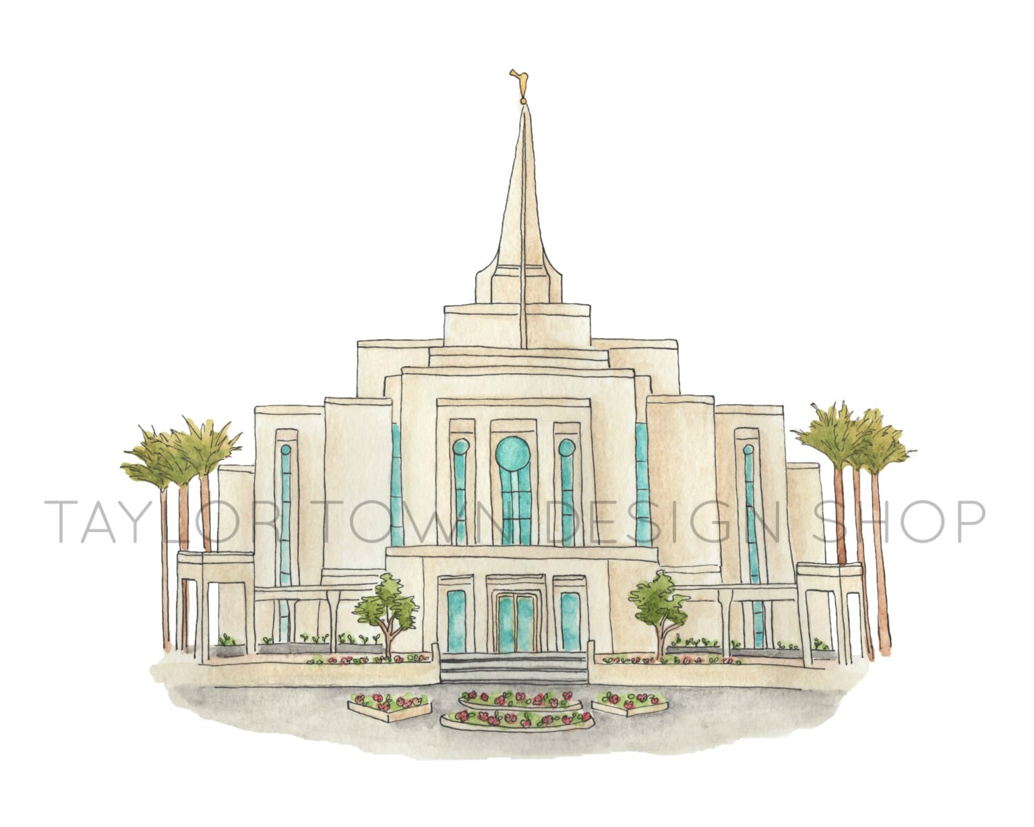 Gilbert Arizona LDS Temple Ink Sketch and Water by TaylorTown