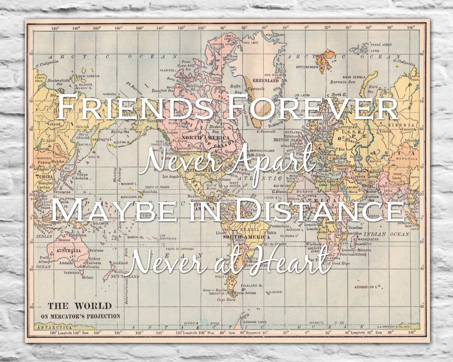 Gift for Best Friends Long Distance Love Antique World Map