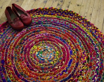 Hand Made ROUND Rainbow colour Braided COTTON & JUTE Rag Rug