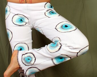 Crazy Eyeball Leggings, Cotton Pants. hand painted pants, yoga lounge ...