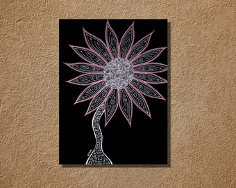 Zentangle Style Sunflower Original Watercolor Painting Ink