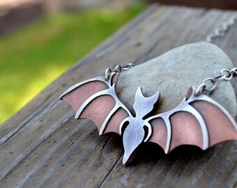 Bat Necklace. Mixed Metal Pendant. Bat skeleton. Bat wings. Sterling ...