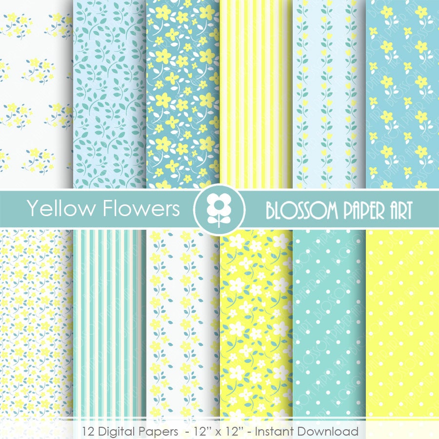 Floral Digital Paper Light Blue & Yellow Papers Scrapbooking