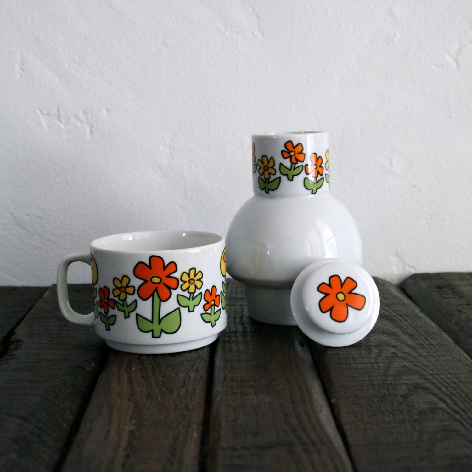 1970s Tea Coffee Cup and Carafe Hottle Set Retro Flower Power Design ...