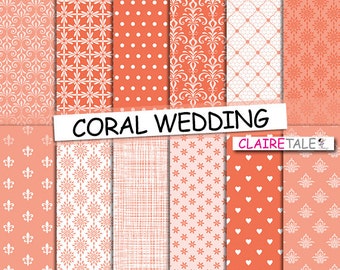Digital wedding paper: "CORAL WEDDING" coral wedding paper with damask ...