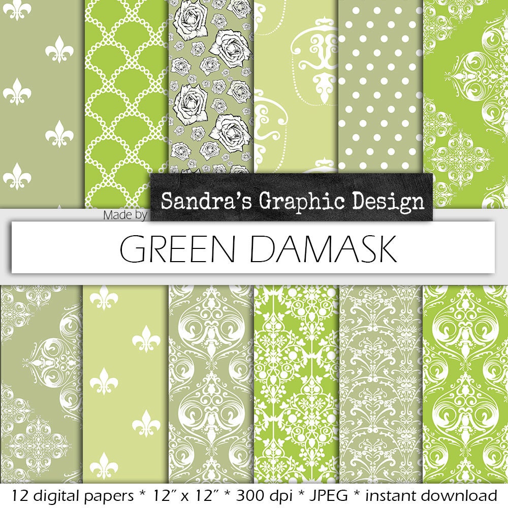 Green digital paper: “GREEN PAPER” with various damask pattern ...