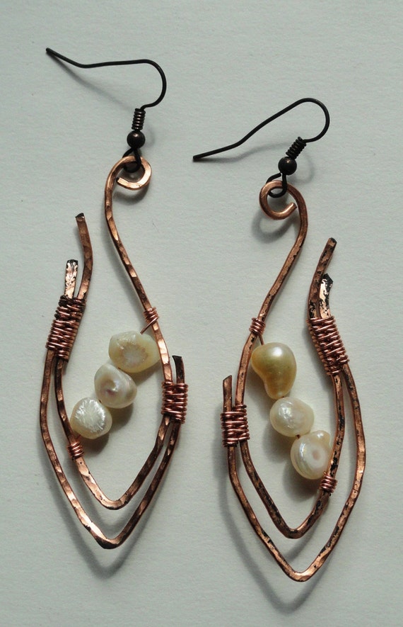 Items Similar To Handmade Hammered Copper Earrings With Fresh Water