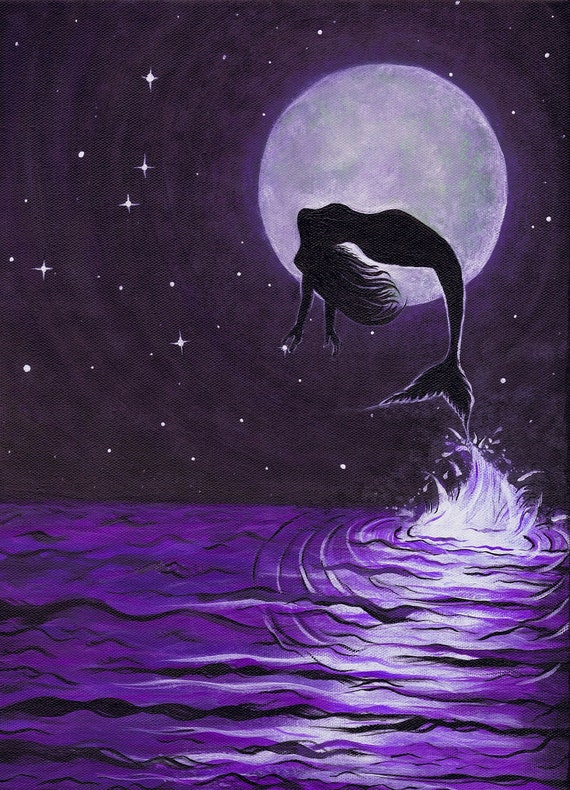 Mermaid jumping out of the water under the full by FreehandMagic