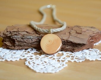 Nautical rope necklace with real wood pendant, big natural wooden ...
