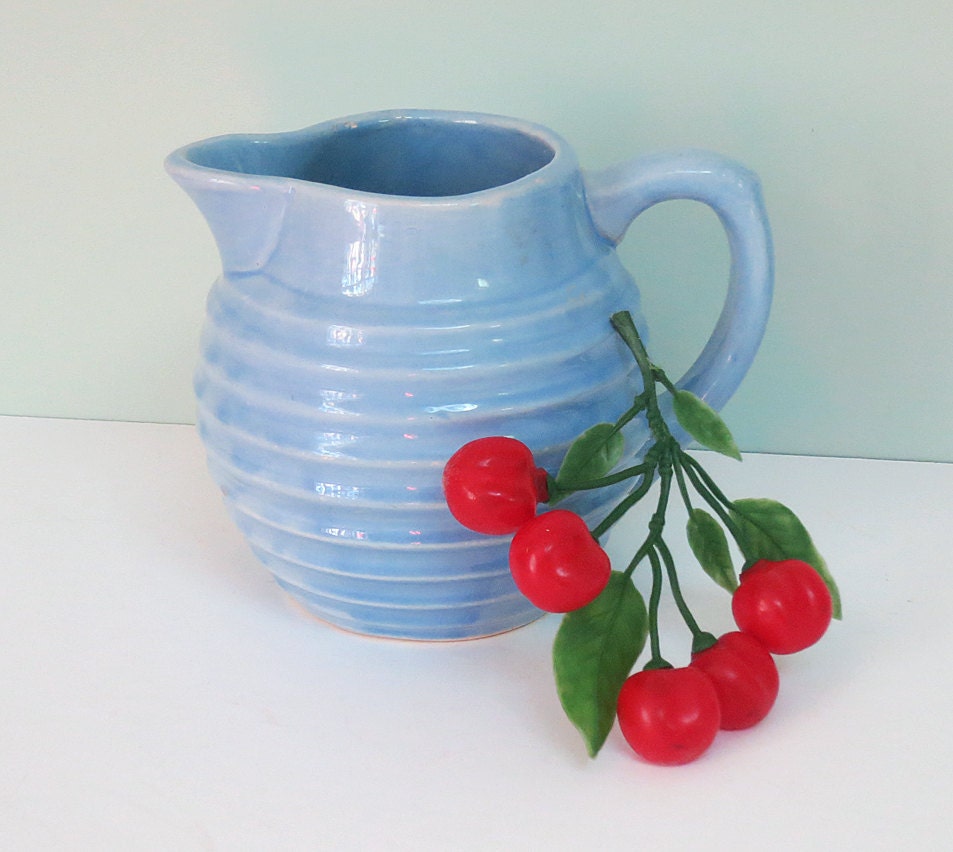 Vintage Bauer Ringware Farmhouse Pottery Pitcher or Vase in Light Blue ...