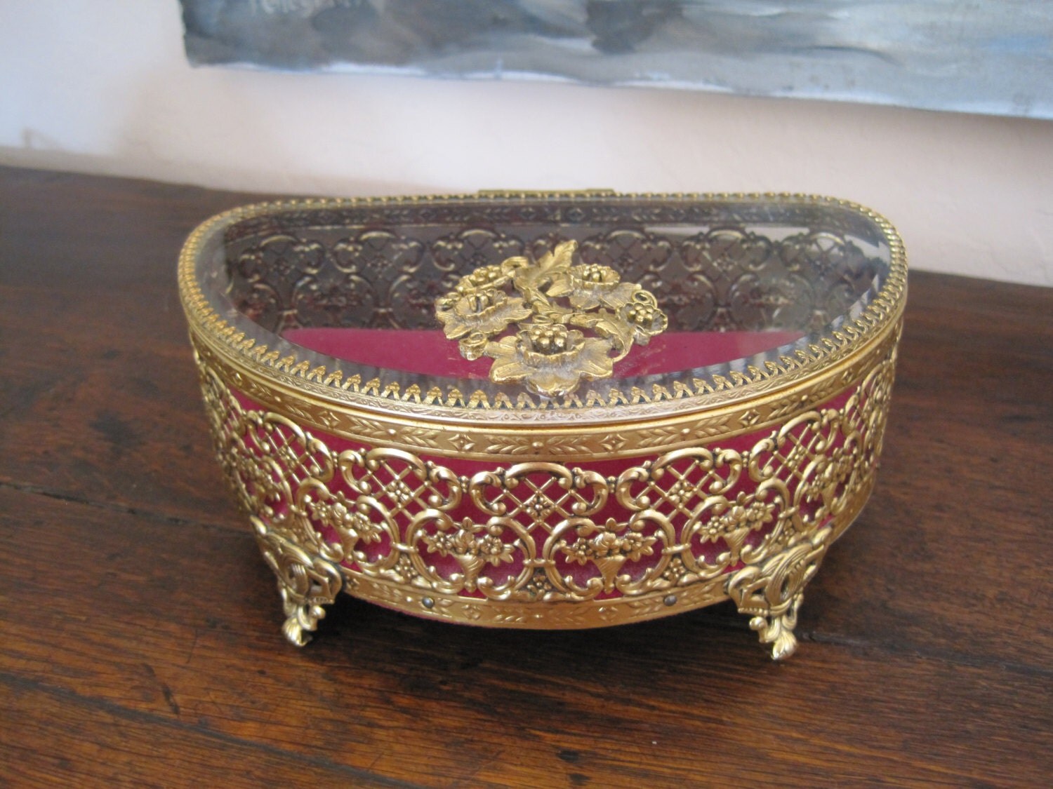 Large Filigree Ormolu Vanity Box Dresser Box Flowers Beveled Glass Mid ...