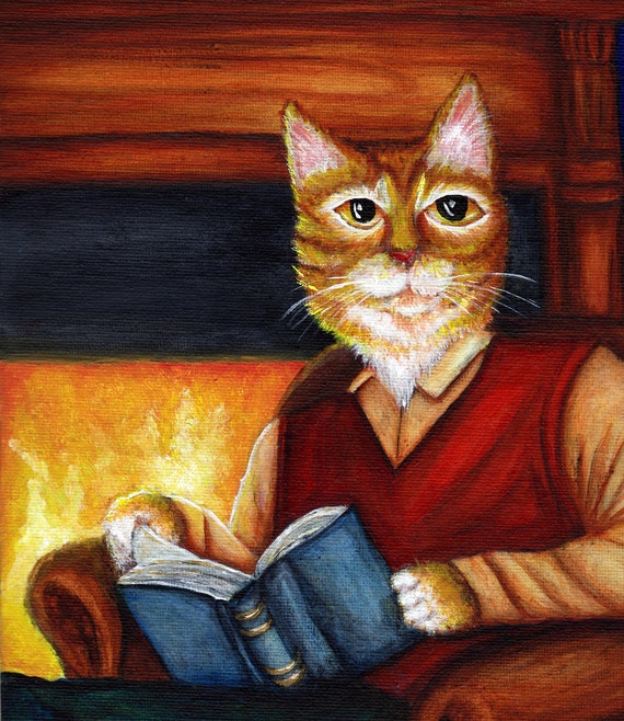 Literary Cat Art Orange Cat Reading Book by by TaraFlyArt on Etsy