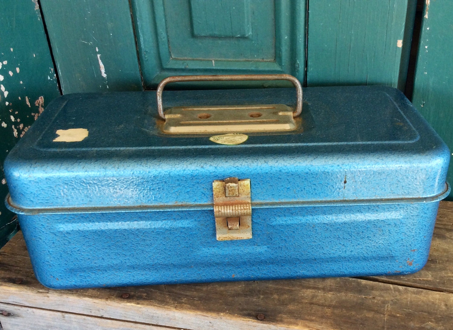 Vintage blue metal box, industrial, tool box, tackle box, storage ...