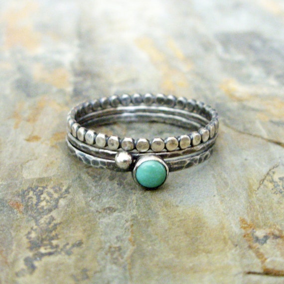 Turquoise Stacking Rings Set in Antiqued Sterling Silver