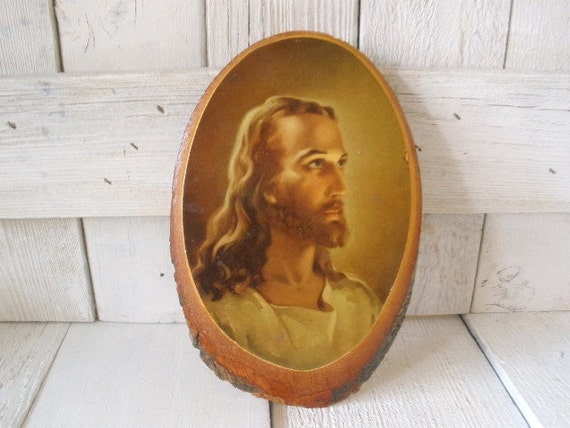 Vintage Jesus Christ picture wood slice souvenir icon plaque