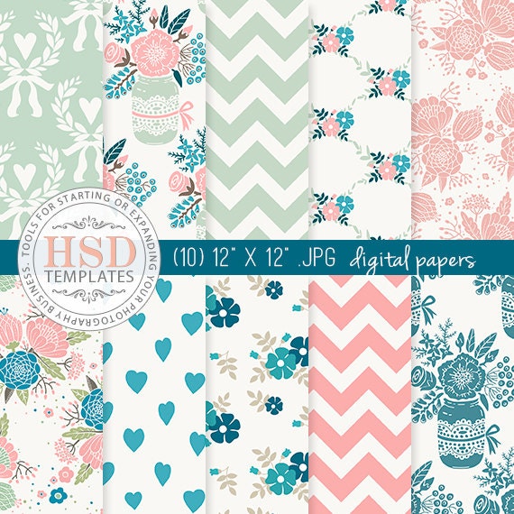 Pink Turquoise Shabby Chic Digital Paper Floral Digital