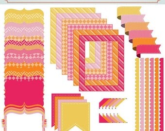 80% OFF SALE 58 Digital Paper Frames, Borders, Flags Elements Pink and ...