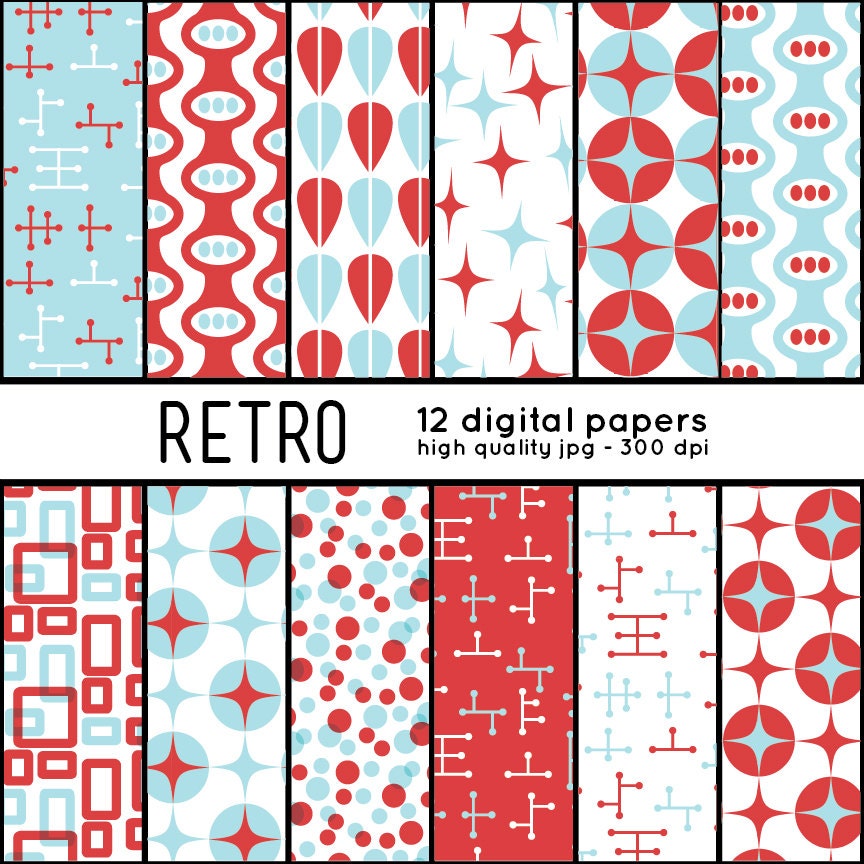 Retro SHAPES 12 Digital Papers pattern set scrapbook blog