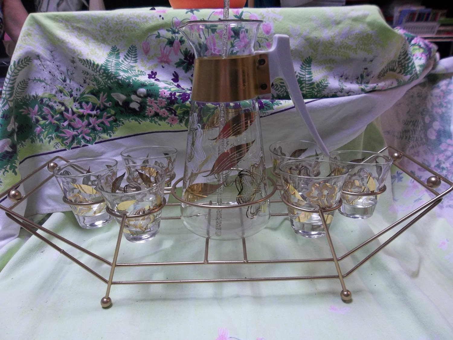 REDUCED was 56.00 Vintage Gold Painted Low Ball Glasses,Pitcher,Stirrer ...