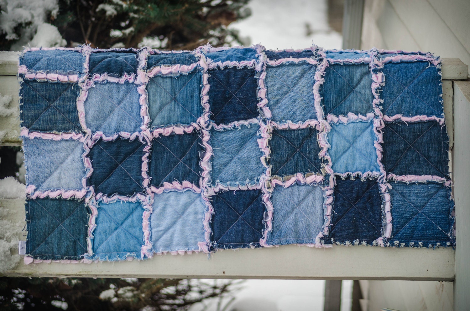 Baby Girl Rag Quilt Baby blanket Upcycled Denim patchwork