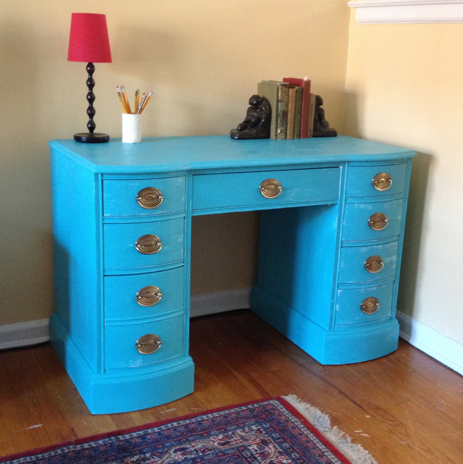 Beautiful Turquoise Distressed Bassett 8 Drawer Desk – Haute Juice