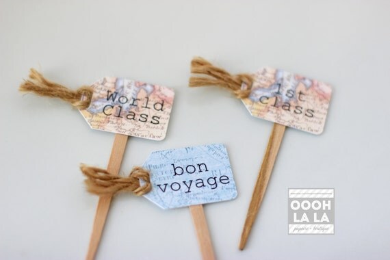 MADE TO ORDER Vintage Map Cupcake Picks set of 12 with text