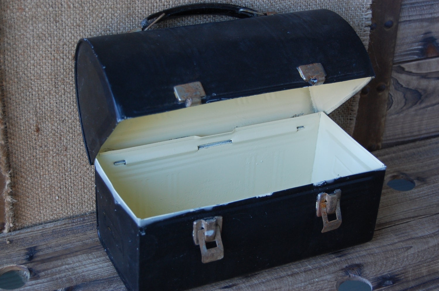 Vintage 1950's Lunch Box Black Aluminum Mid Century Cool