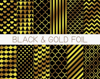 Black and Gold Foil Digital Paper, Metallic Background, Heart Pattern ...