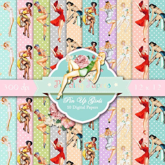 Pinup girl digital paper : Pin Up Girls retro by puddingpapers