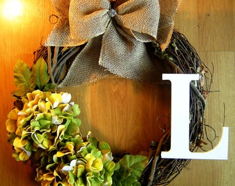 Fall Wreath with Monogram, Burlap Bow, and Fall Hydrangeas, Fall ...