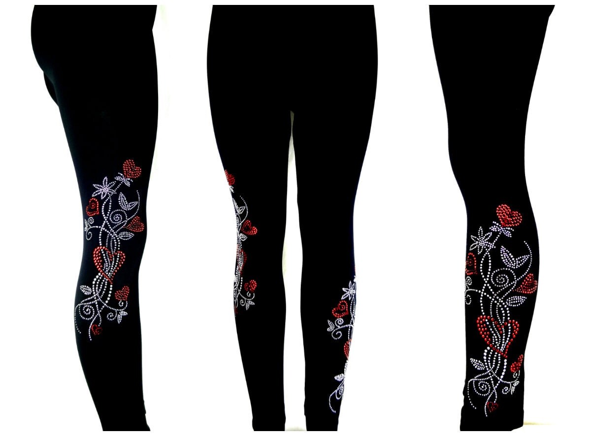 Plus Size Full Length Leggings Embellished Rhinestone Red