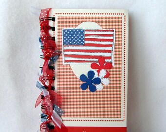 SALE. Red White and Blue Journal Hand Decorated Journals With Ribbon Trim