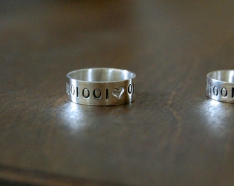 Sterling Silver Binary Code Ring - I Love You Band - Binary Numbers