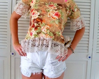 Women's boho shirt refashioned t shirt up cycled floral shirt yellow ...