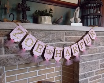 Girls Name Banner with Crowns Embossed Pink and by PaperEtcStudio