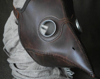 Classic Plague Doctor's Mask - Brown Leather, Glass and Metal Eyes