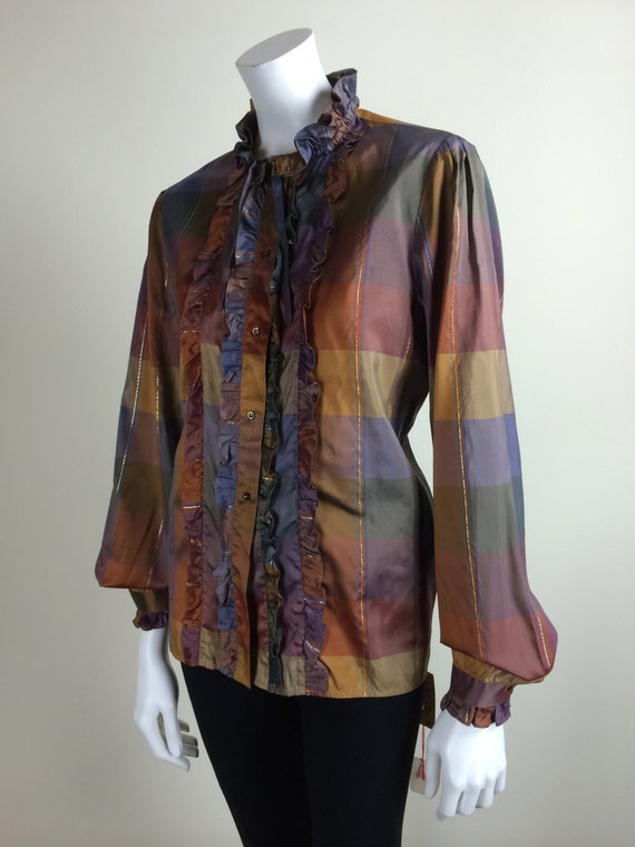 plaid silk taffeta blouse w/ ruffled bib by hkvintage on Etsy