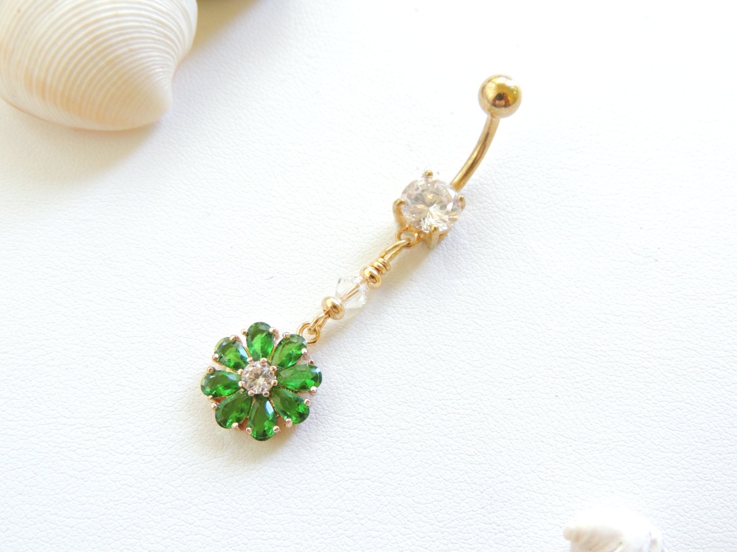 Emerald Green Flower Belly Button Ring Gemstone Navel Rings