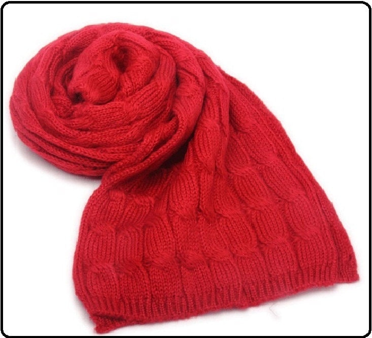 SALE -Handmade Braided Knit Scarf, Ruby Red Wool Scarf- Long, Thick and ...