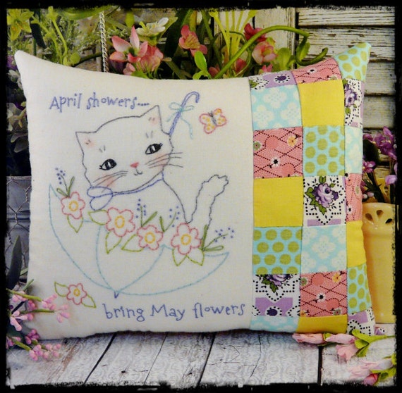 April showers kitty embroidery Pattern PDF stitchery