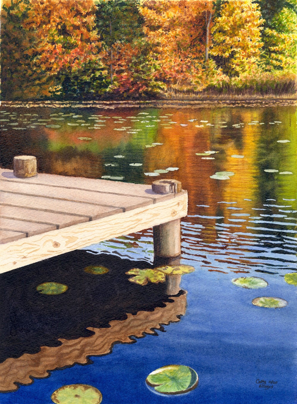 Autumn Lake Landscape Watercolor Painting Print by Cathy