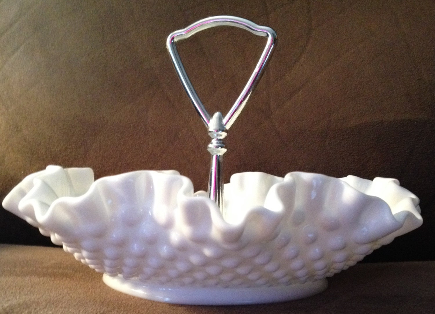 White Fenton Hobnail Pattern Ruffled Serving Dish With Center Handle ...
