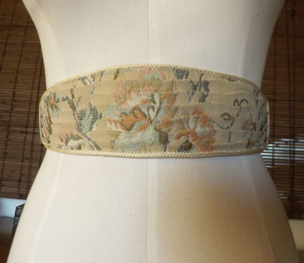 Vintage 80s Floral embroidered Cummerbund style Elastic Cinch belt M ...