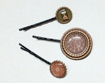 Set of Vintage Style Bobby Pins, Victorian Clock, Hourglass, Bronze ...