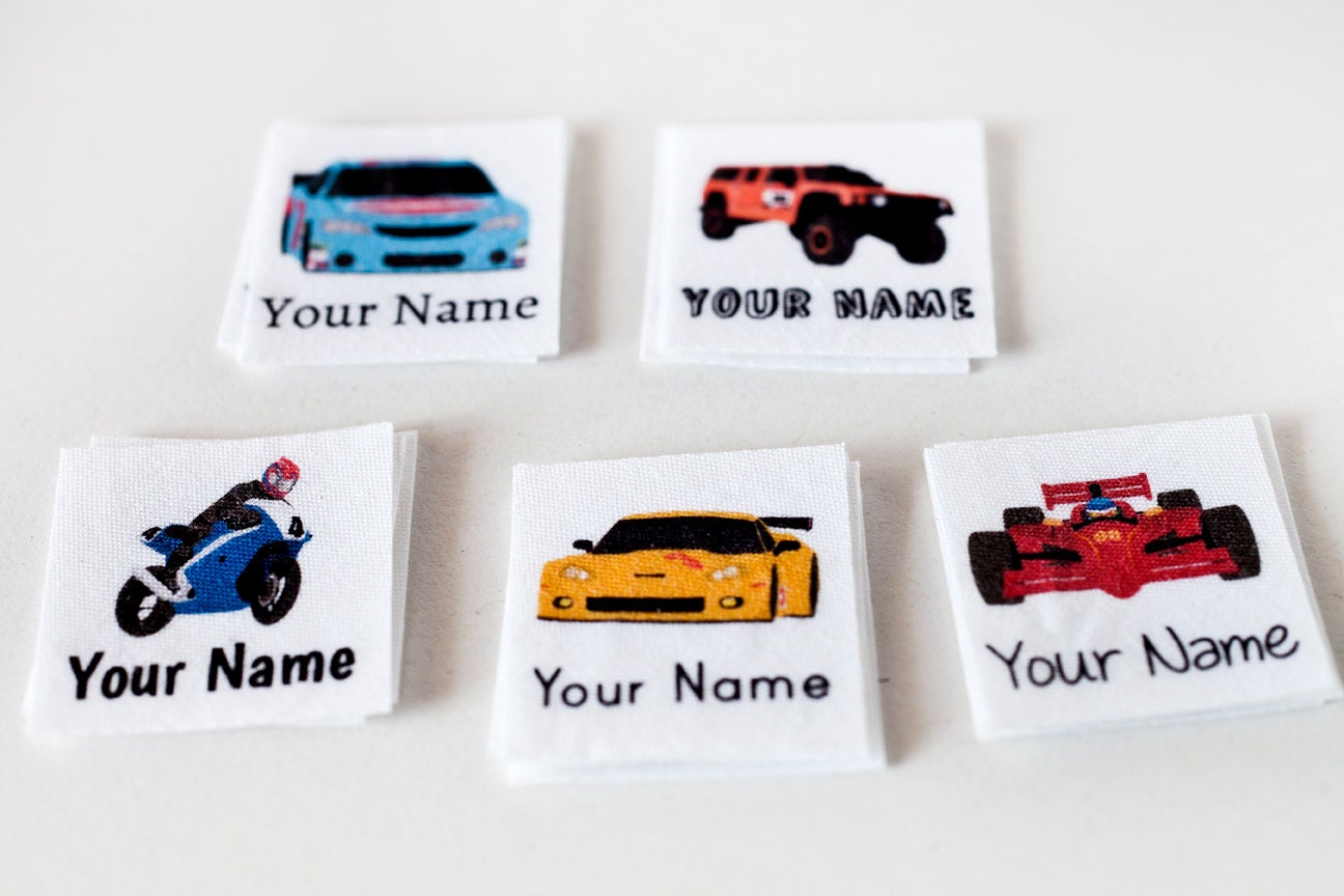 Race Car Kids Name Tags Iron On Cotton Clothing Labels Boys race-car-kids-name-tags-iron-on-cotton-clothing-labels-boys