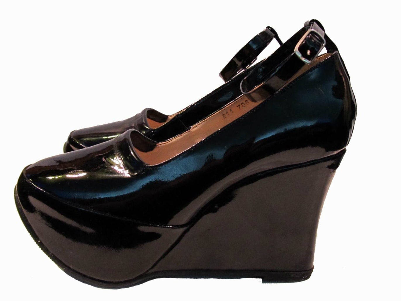 Platform Wedge Shoes Womens Black Patent Leather Ankle Strap