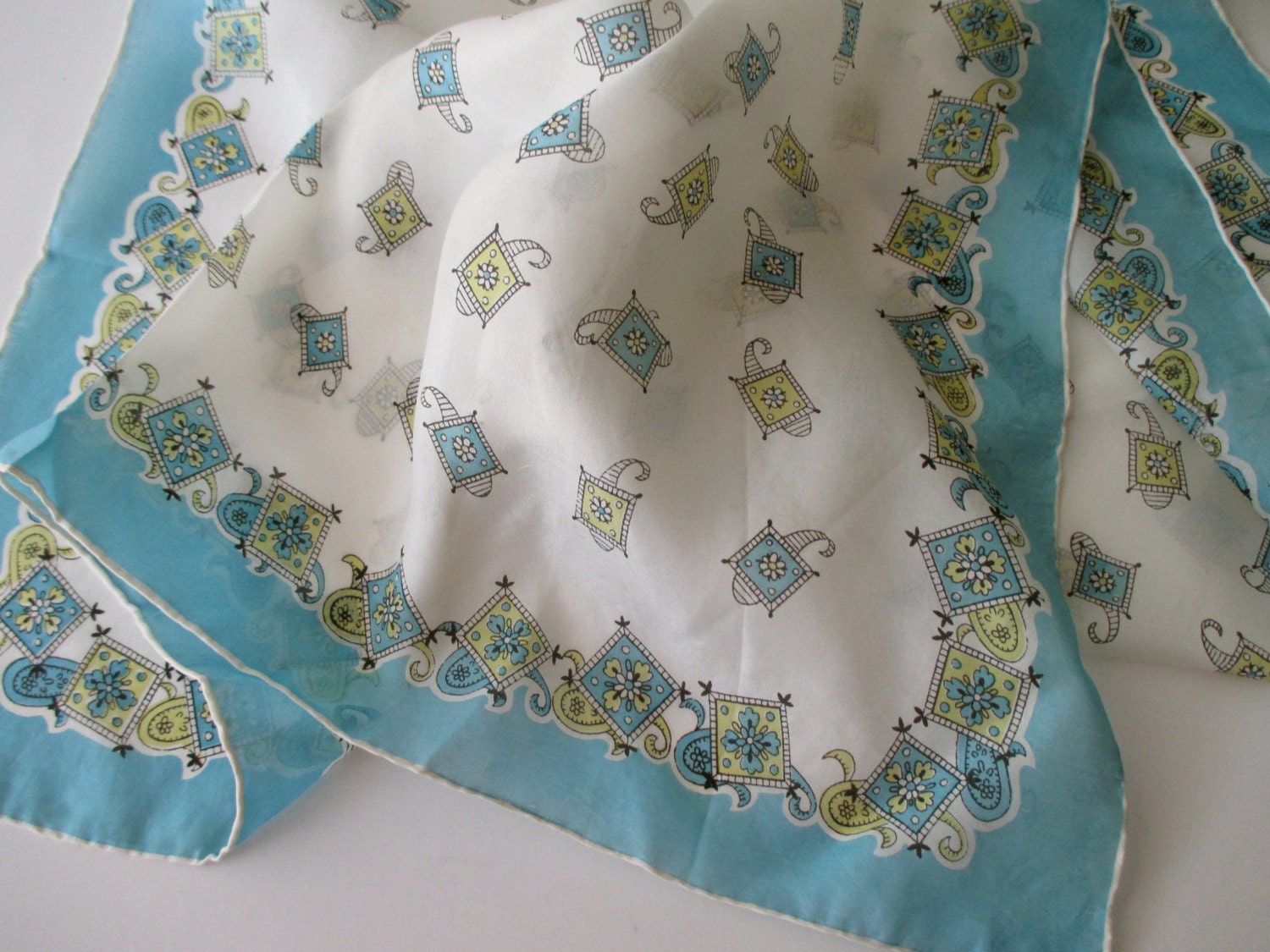 vintage rayon and silk scarf – floral, aqua, white, square – Haute Juice