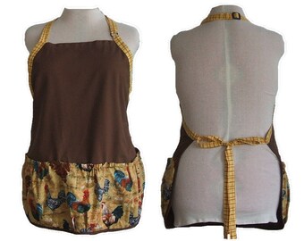 Plus Size Apron, Brown with Chickens and Roosters on Tan - Egg ...